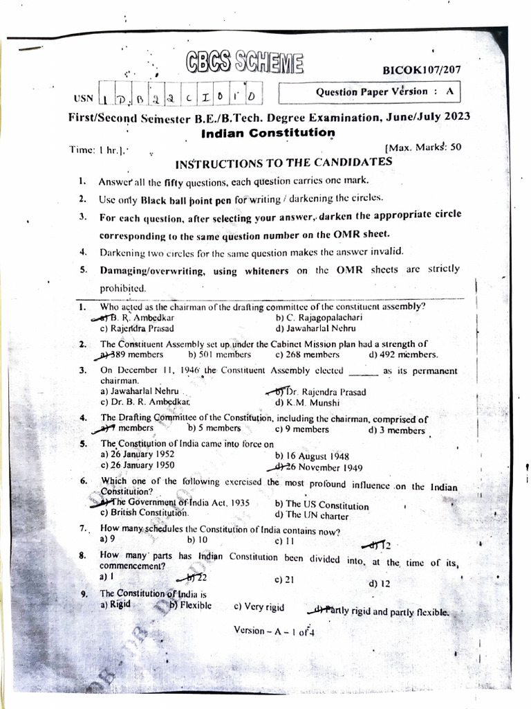 June-July 2023 VTU QP - Indian Constitution | PDF | Political Charters | Government Institutions