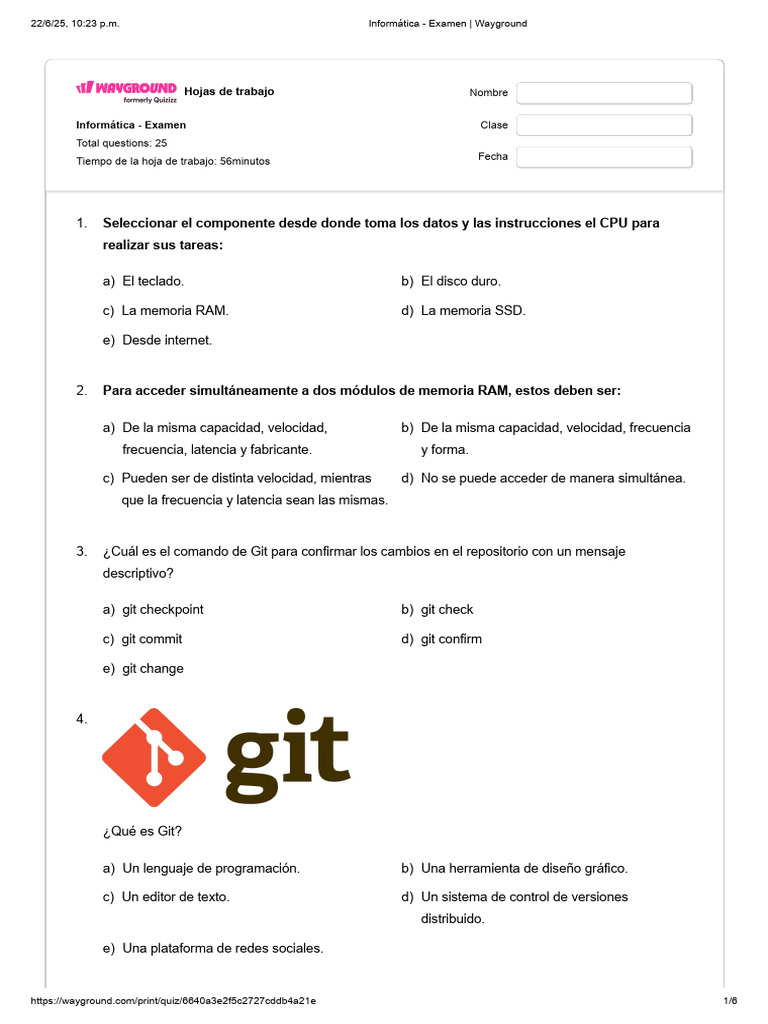 Informática - Examen - Wayground | PDF | Almacenamiento de datos de la computadora | Hardware de ...