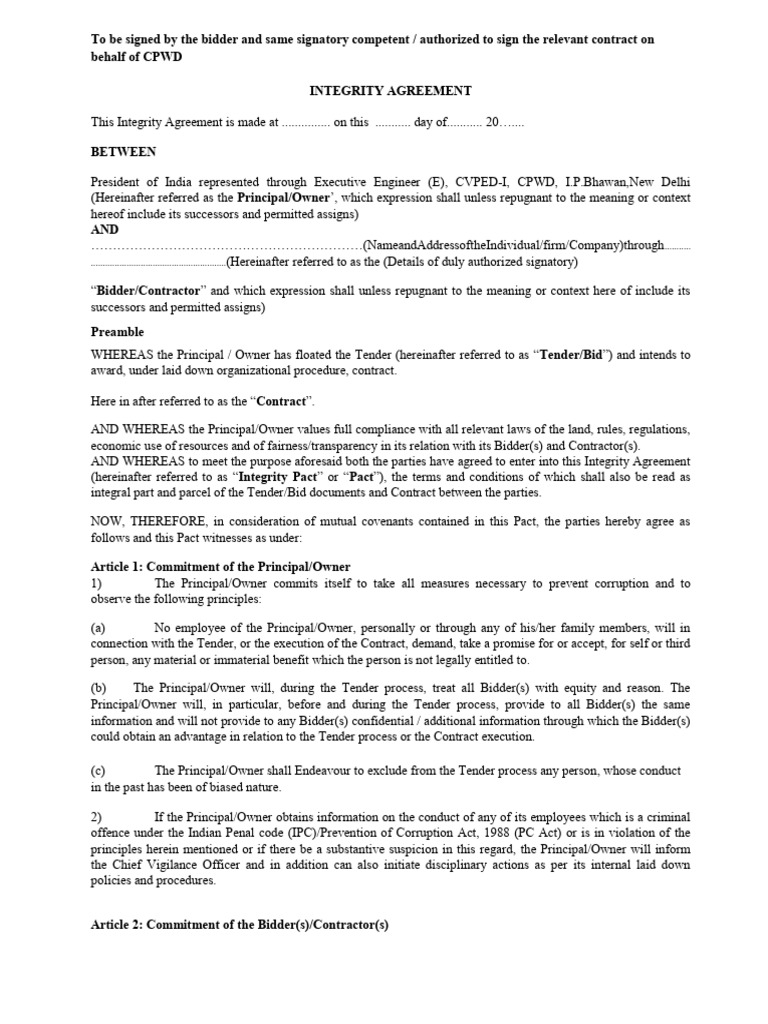 Integrity Agreement for Bidders | PDF | Justice | Crime & Violence