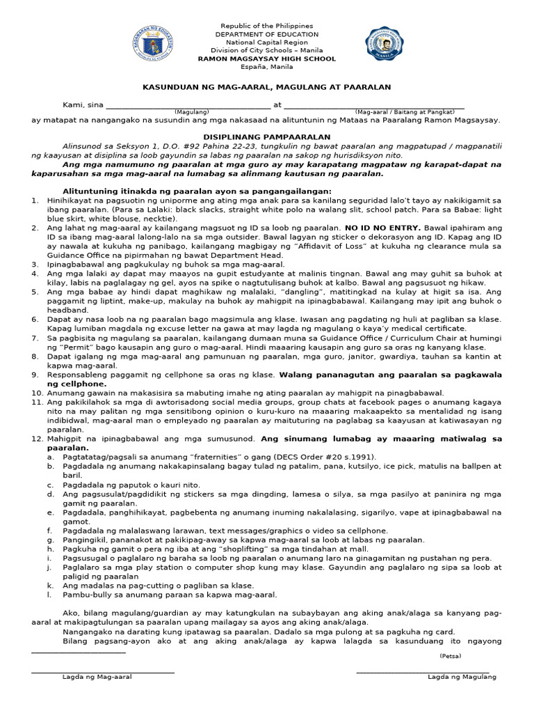 Kasunduan NG Mag Aaral Magulang at Paaralan | PDF