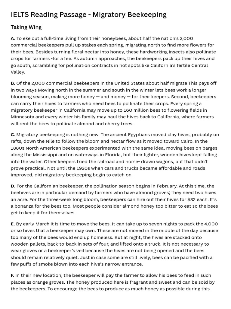 Ielts Reading Passage Migratory Beekeeping 6728 | PDF | Beekeeping ...