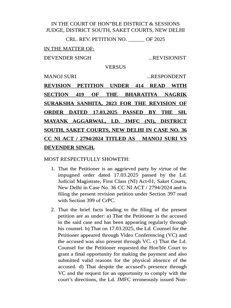 Revision Petition Devender South Saket | PDF | Bail | Political Law