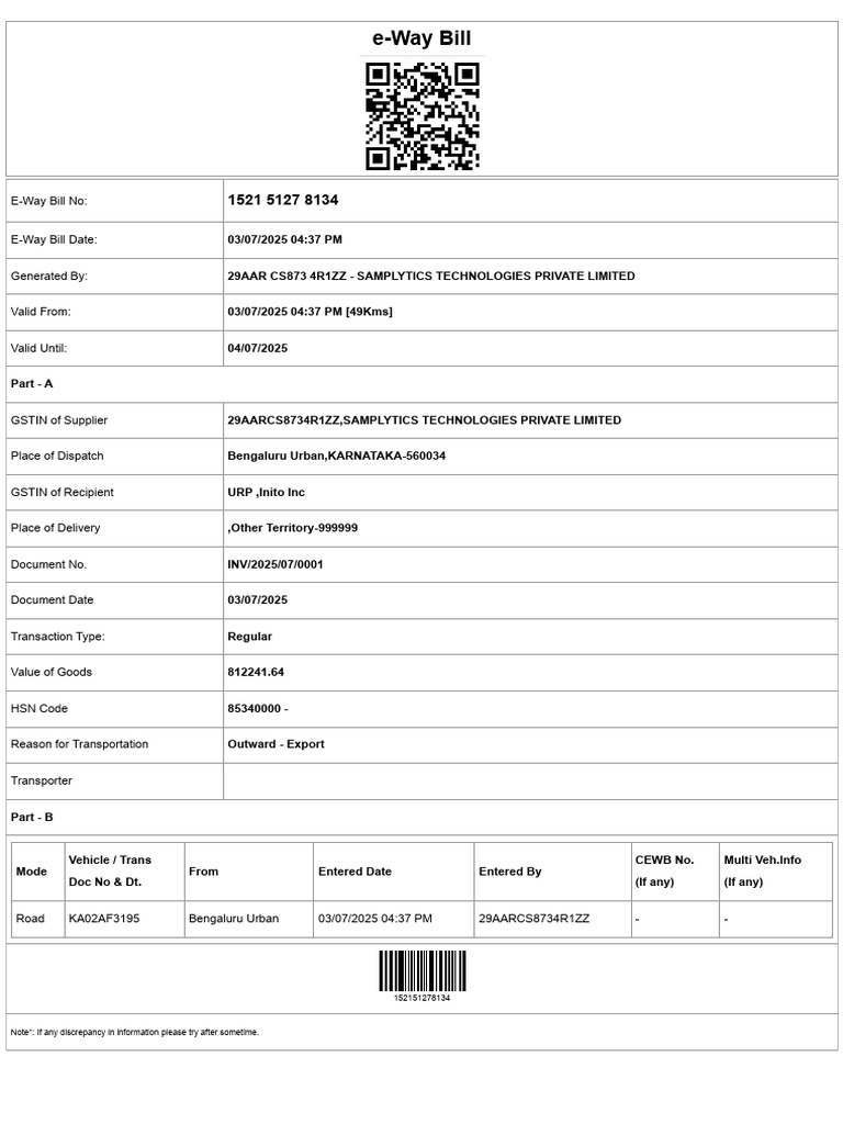 E-Way Bill - 1521 5127 8134 | PDF