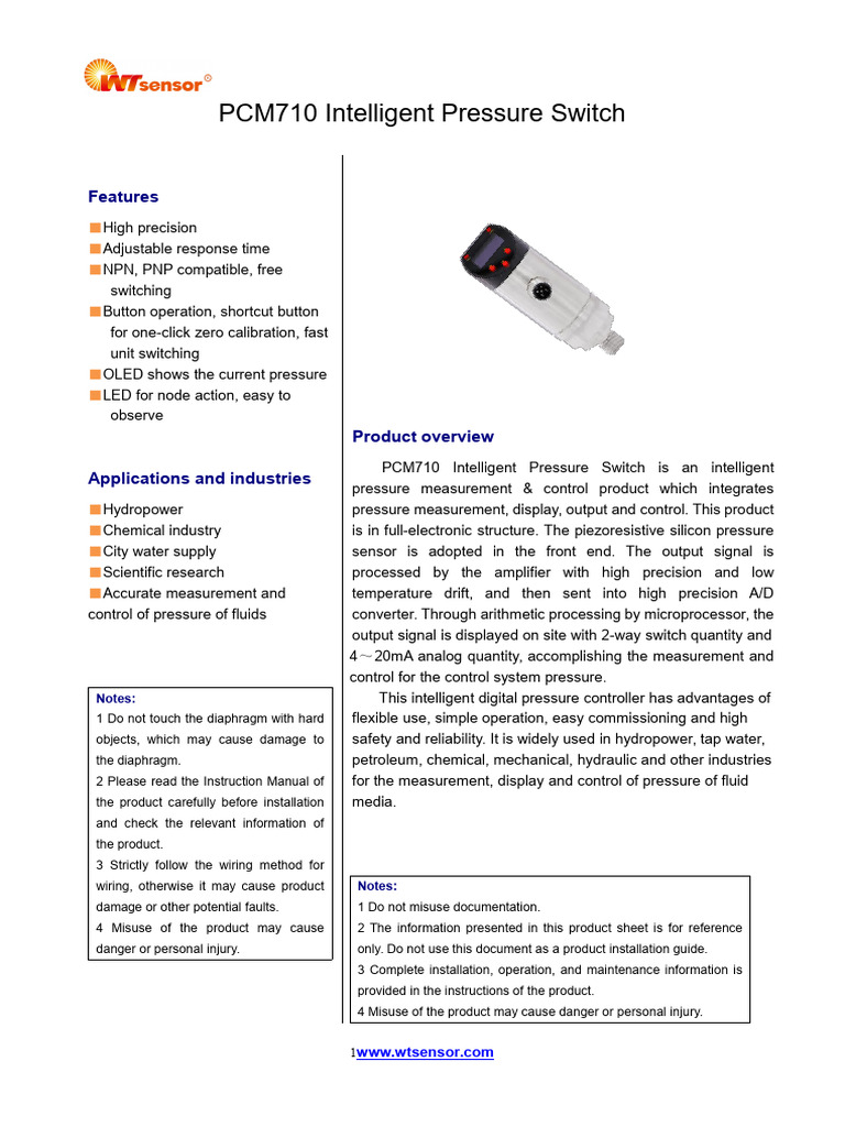 PCM710 Intelligent Pressure Switch | PDF | Switch | Pressure Measurement