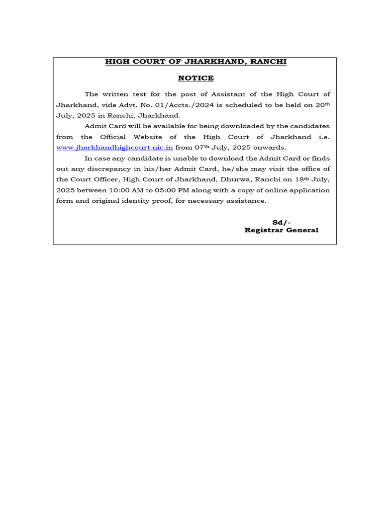 Jharkhand High Court Admit Card Info | PDF