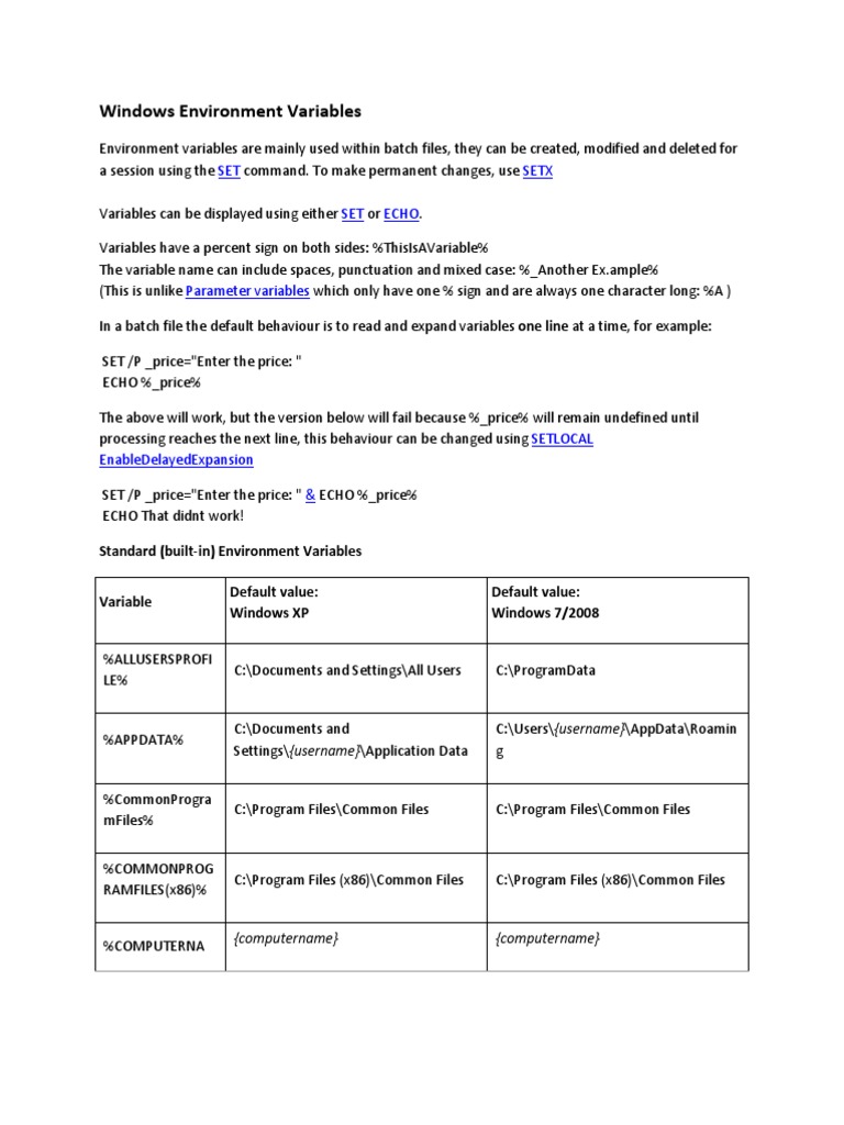 Windows Environment Variables | PDF | Windows Registry | Command Line ...