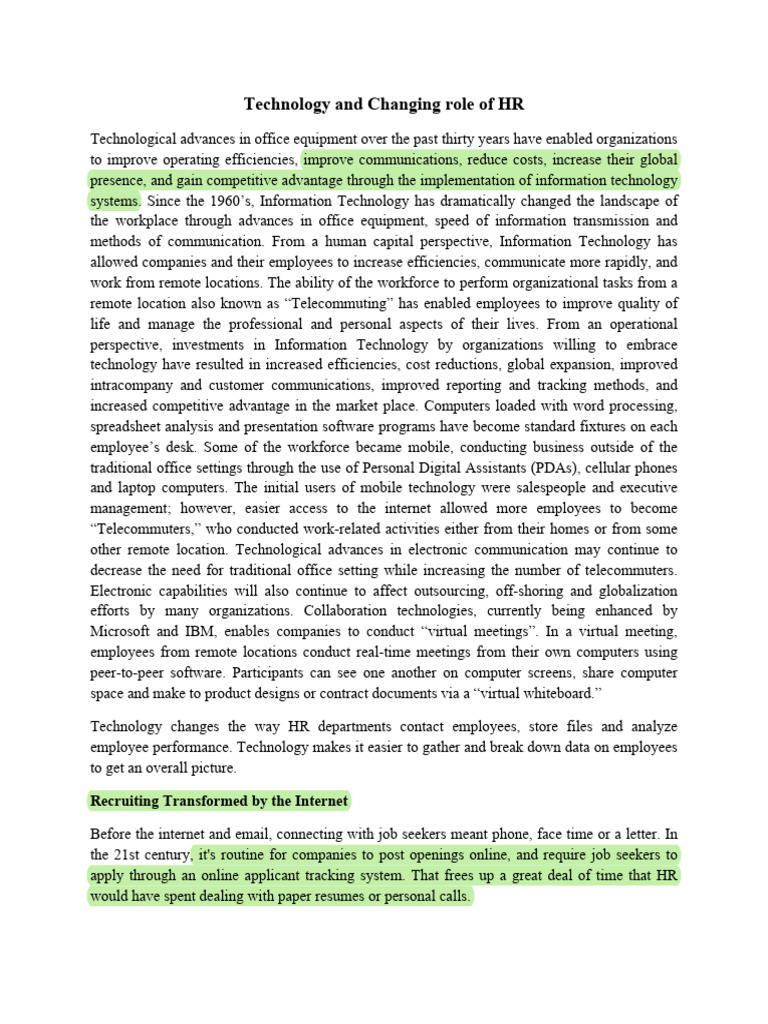Technology and Changing Role of HR Unit-1 | PDF | Human Resource ...