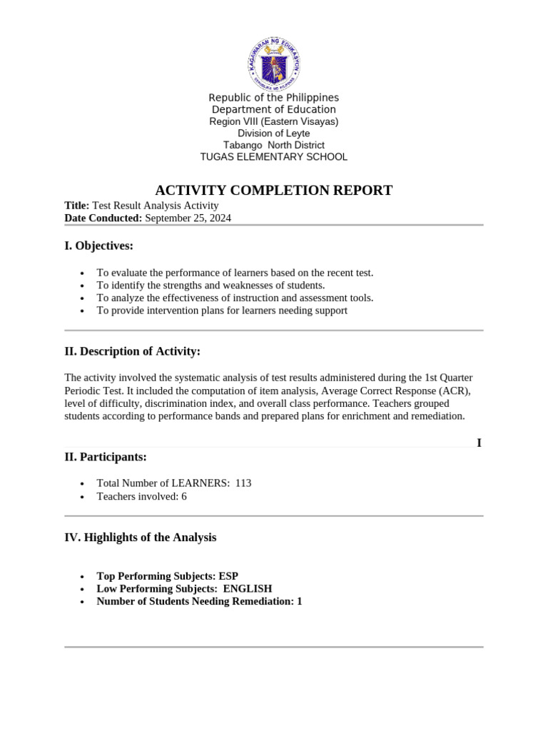 Acr I Test Result Analysis | PDF | Educational Assessment | Teachers