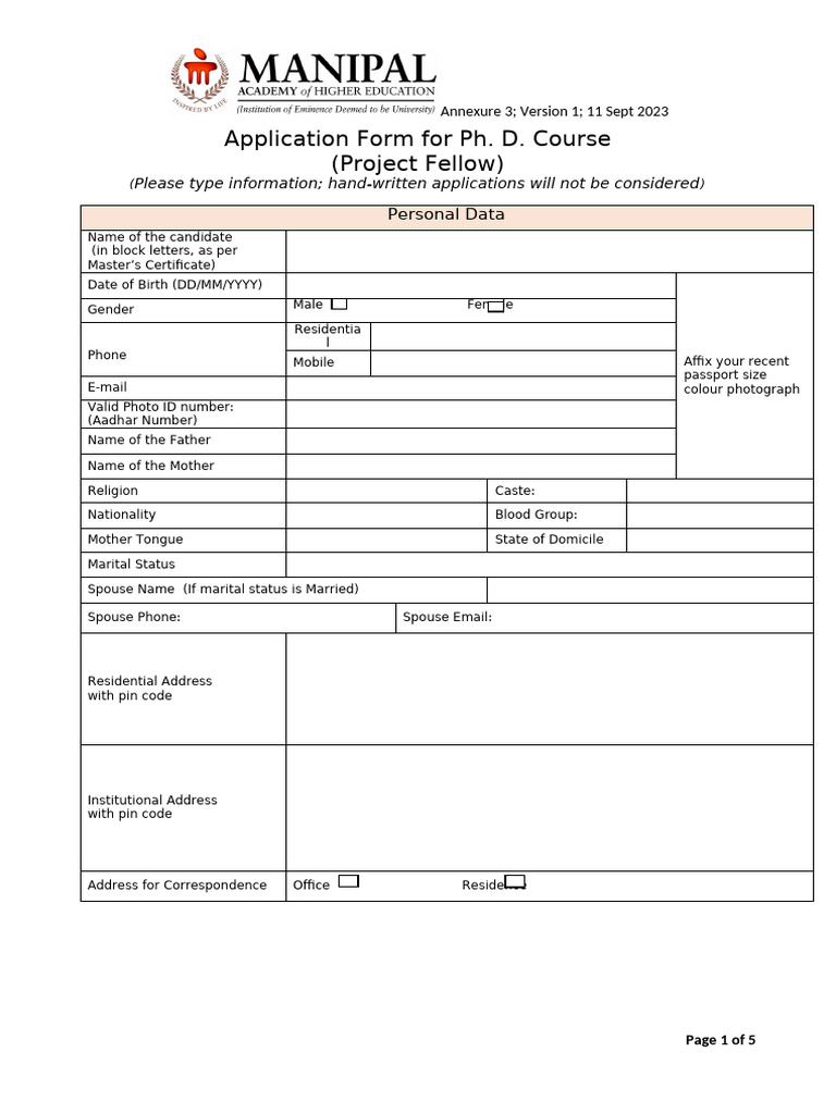 Annexure 3-Application Form For Project Fellows of MAHE Institutions ...