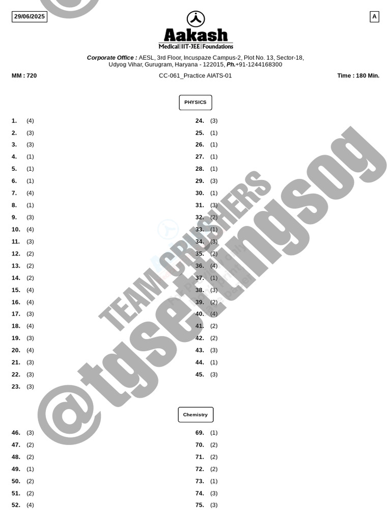 Practice AIATS - 01 Ans OYM Key | PDF | Luteinizing Hormone | Ploidy