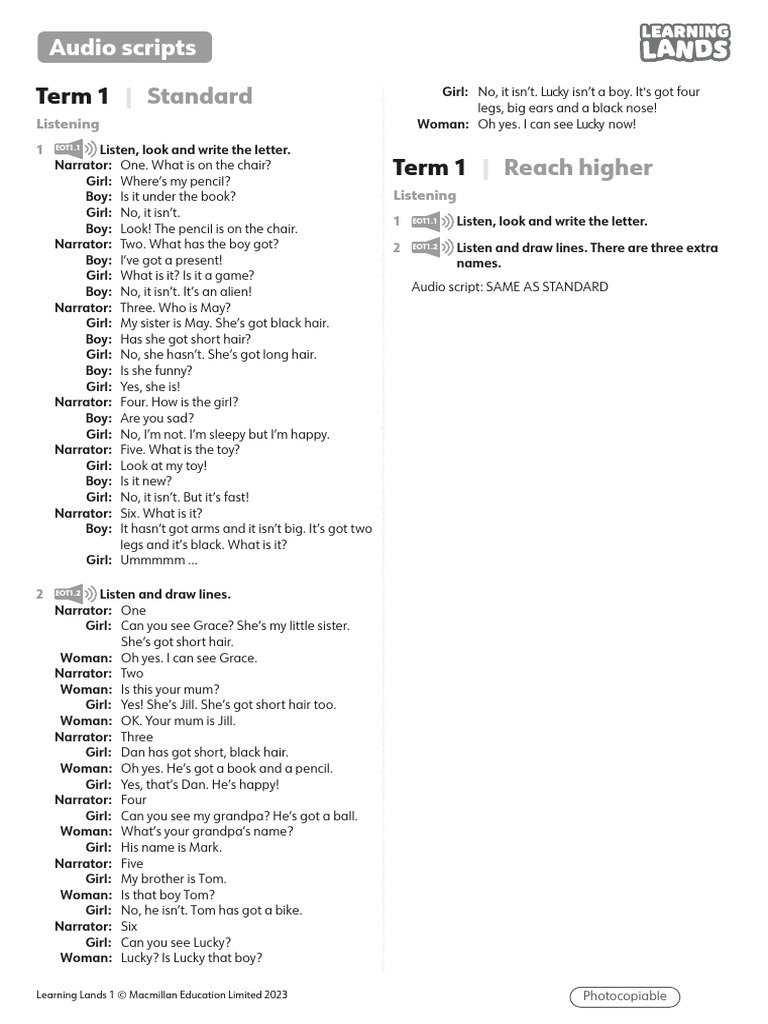 Learning Lands 1 End of Term 1 Test Audio Script | PDF