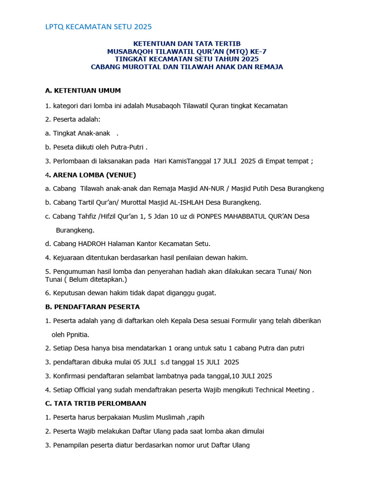 Tata Tertib MTQ Ke 7 2025 Kec Setu | PDF