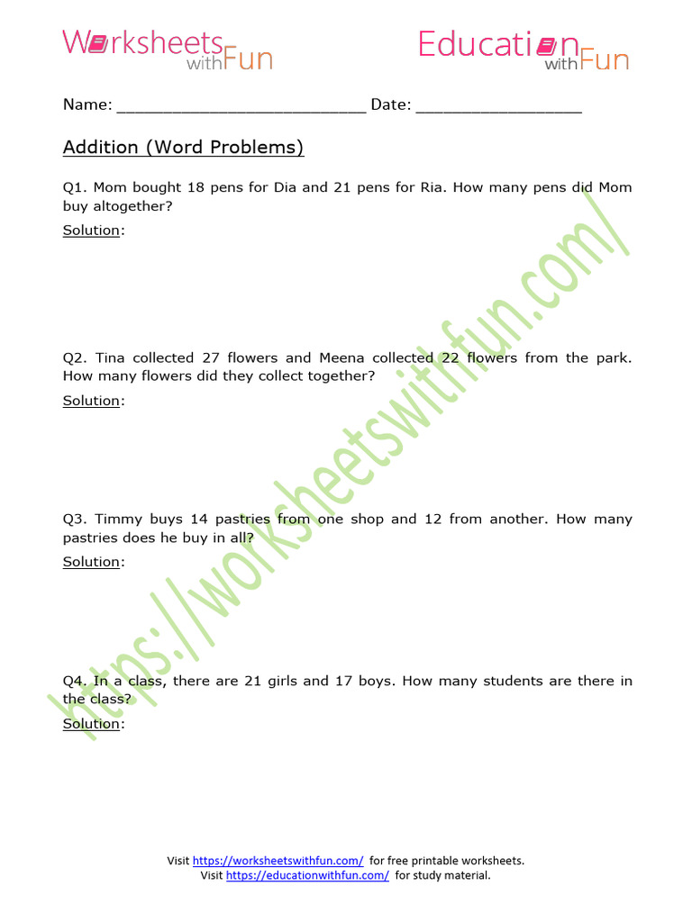 Addition - Word Problems Worksheet 1 | PDF
