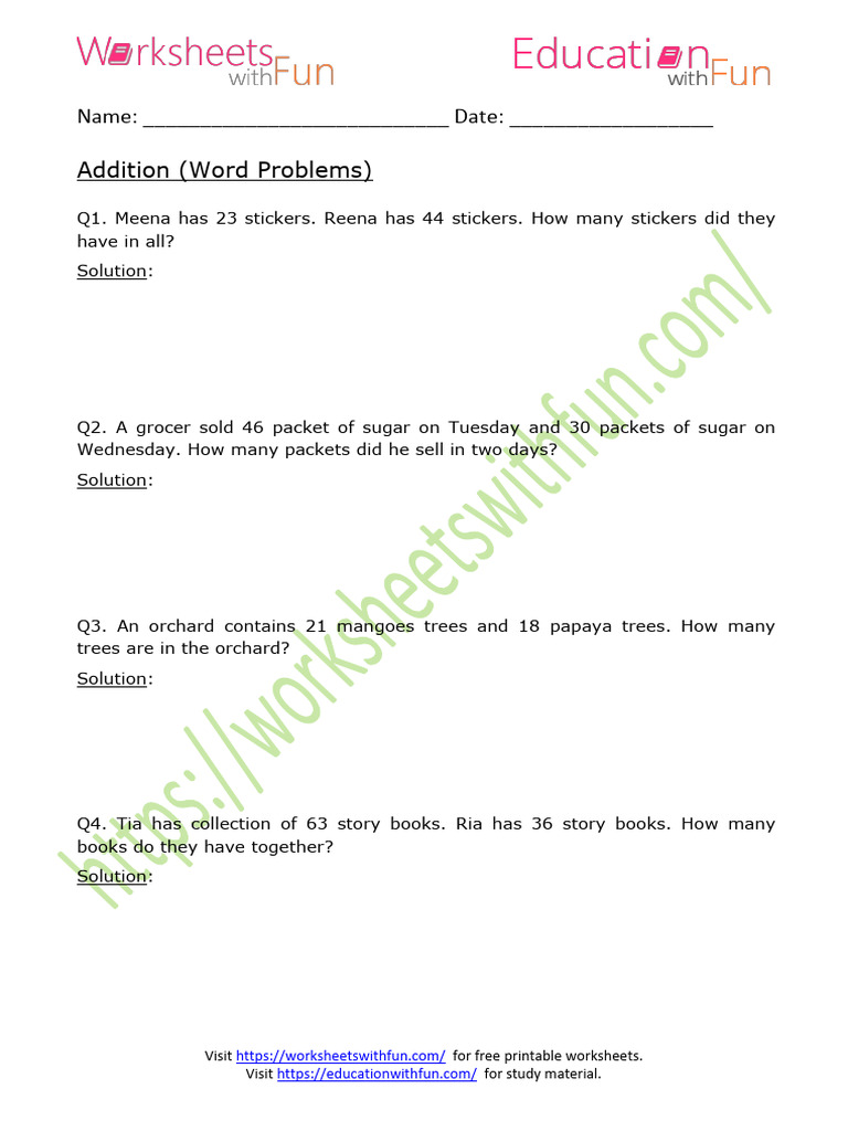 Printable Addition Word Problems | PDF
