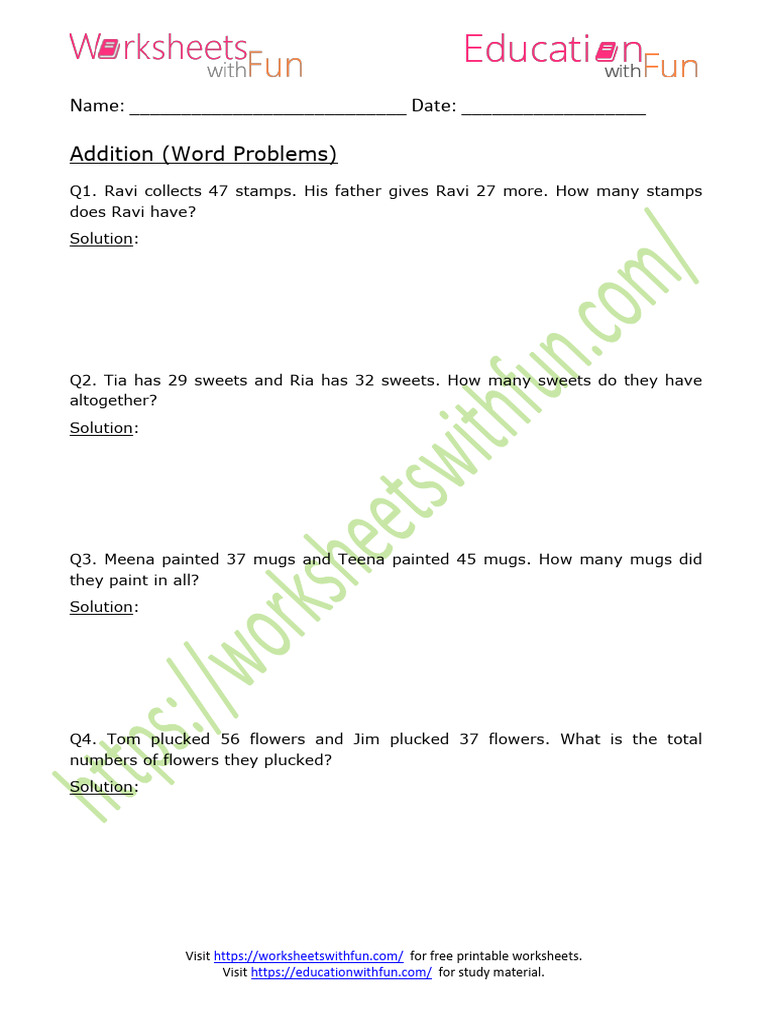 Addition - Word Problems Worksheet 6 | PDF
