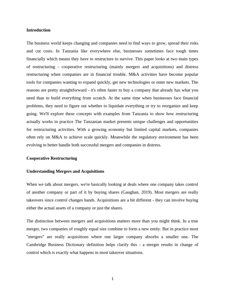 Introduction Merger and Restructuring - Docx Second | PDF | Mergers And ...