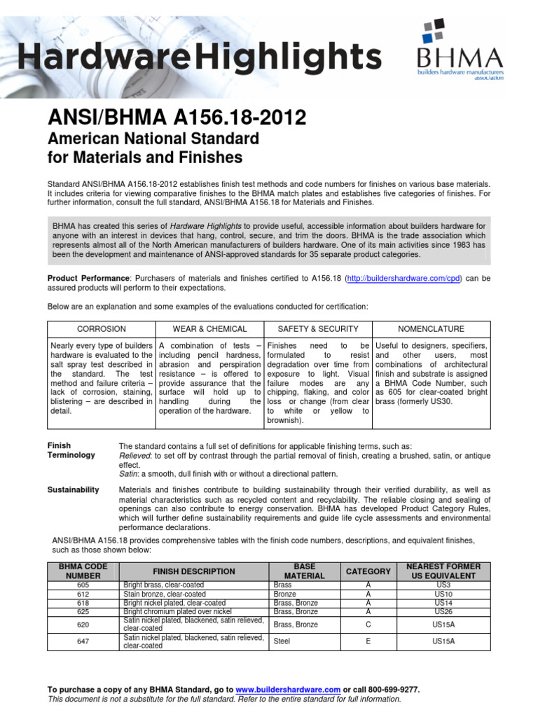 ANSI A156.18 - 2012 Materials and Finishes Hardware Highlights | PDF ...
