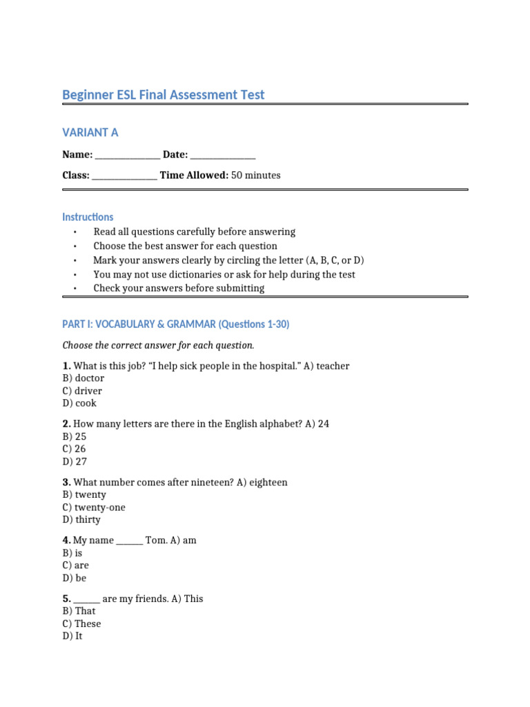 Beginner ESL Assessment Test Guide | PDF | Grammatical Number | Languages