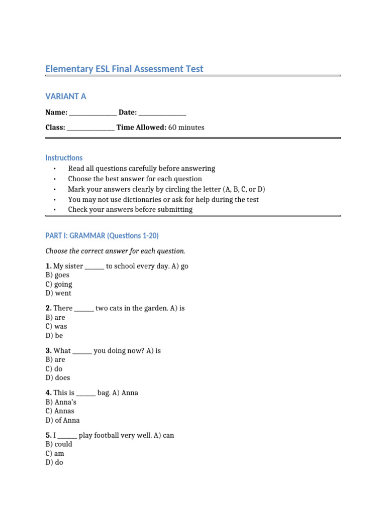 Elementary ESL Final Assessment Test | PDF | Lunch