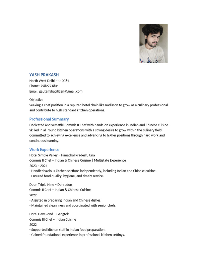 Commis II Chef Resume for Hotel Position | PDF