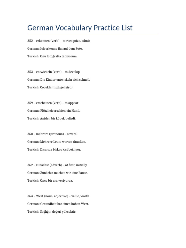 German Vocabulary Practice List | PDF