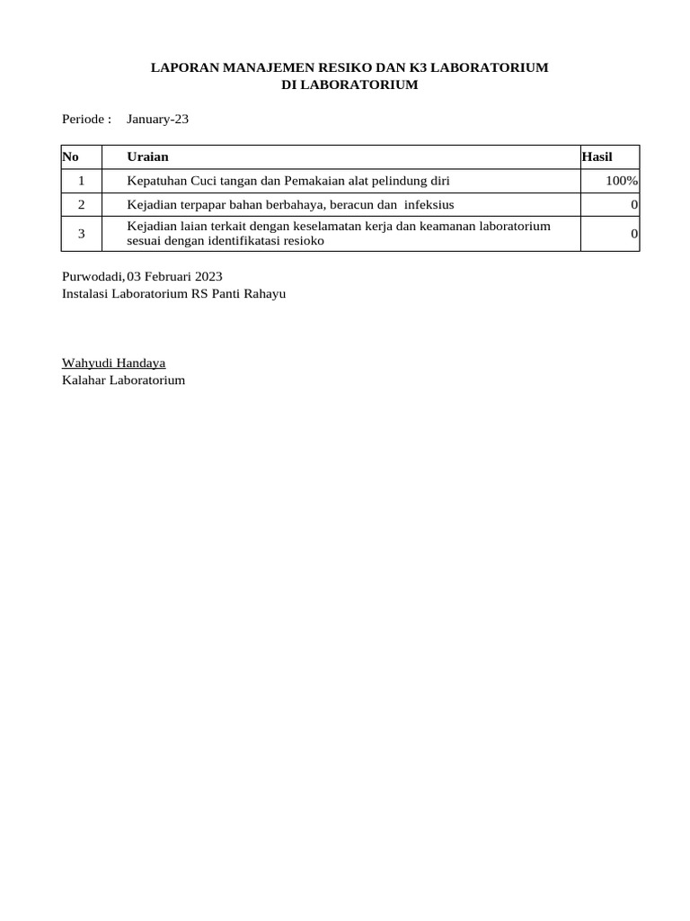 Contoh Laporan k3 Dari Unit Laboratrium | PDF