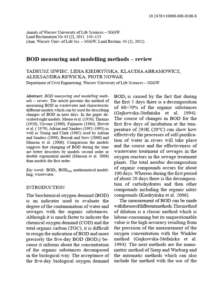BOD Measurement and Modeling Review | PDF | Chemistry | Water Pollution