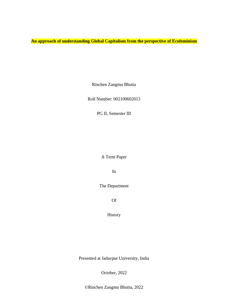 Final Draft Of Eco Feminism And Global Cpaitalism Pdf Ecofeminism