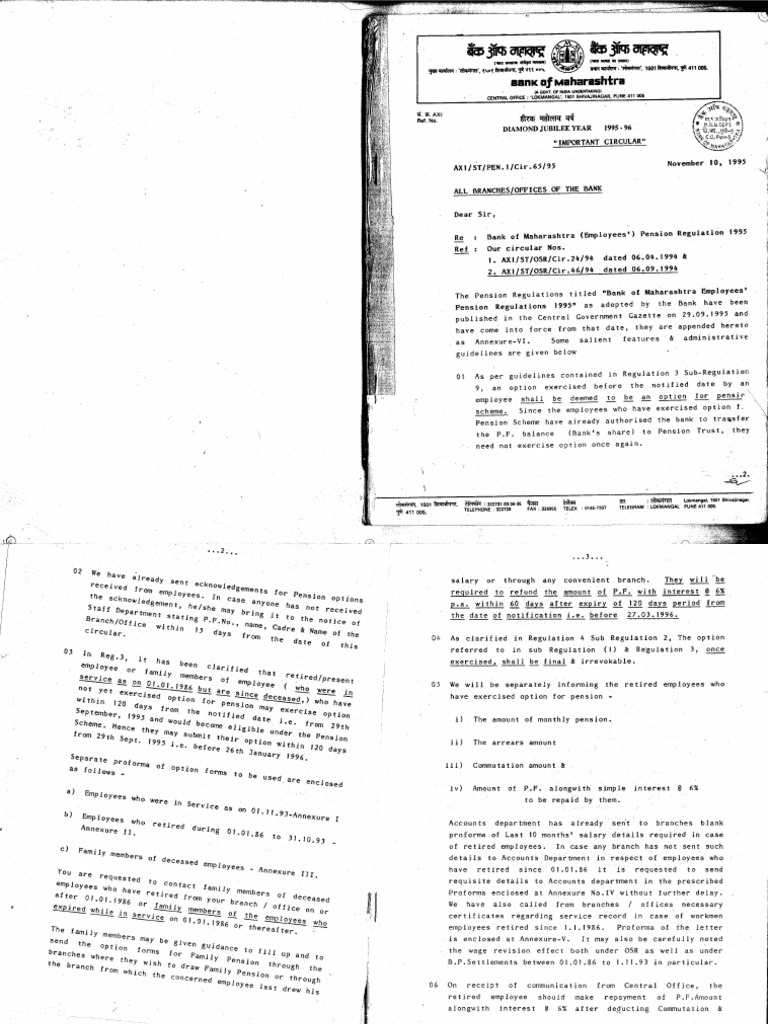 Bank of Maharashtra (Employees') Pension Regulation 1995 | PDF