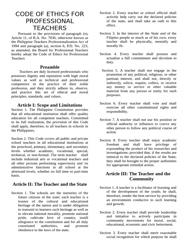 Lecture in Ethics Code of Ethics For Professional Teachers | PDF ...