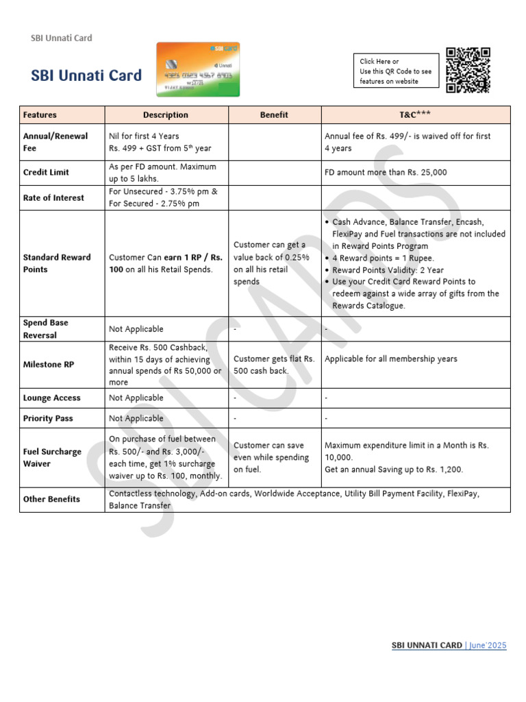 SBI Unnati Card June 2025 | PDF | Credit Card | Loyalty Program