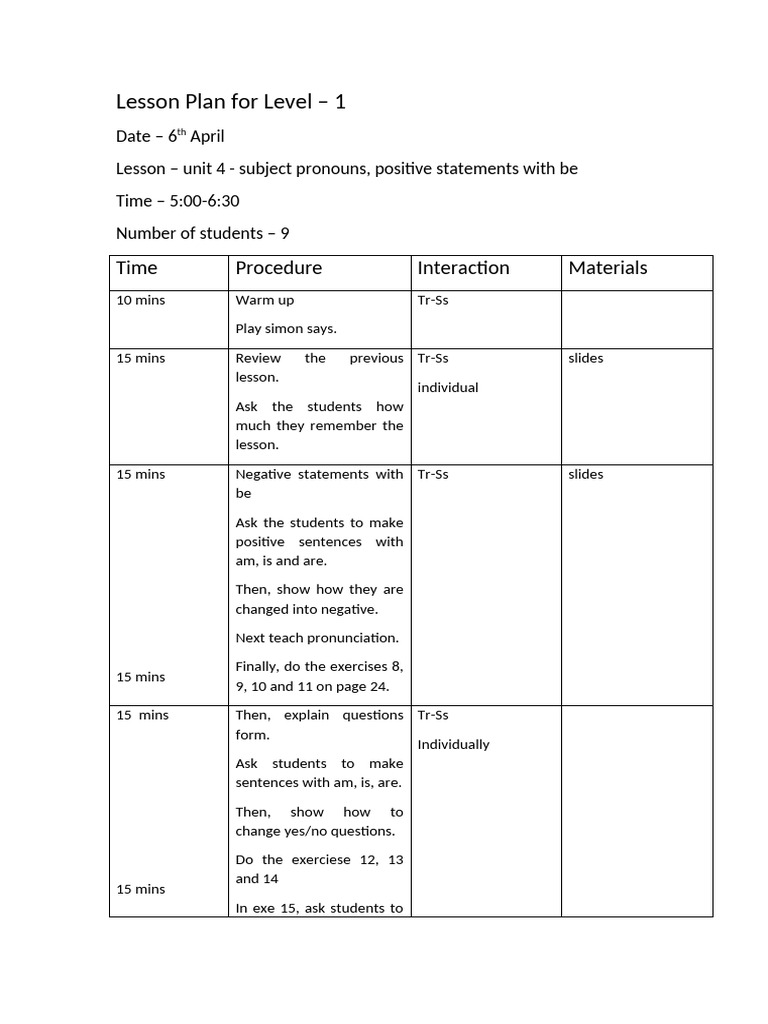 Primary Lesson Plan: Subject Pronouns | PDF