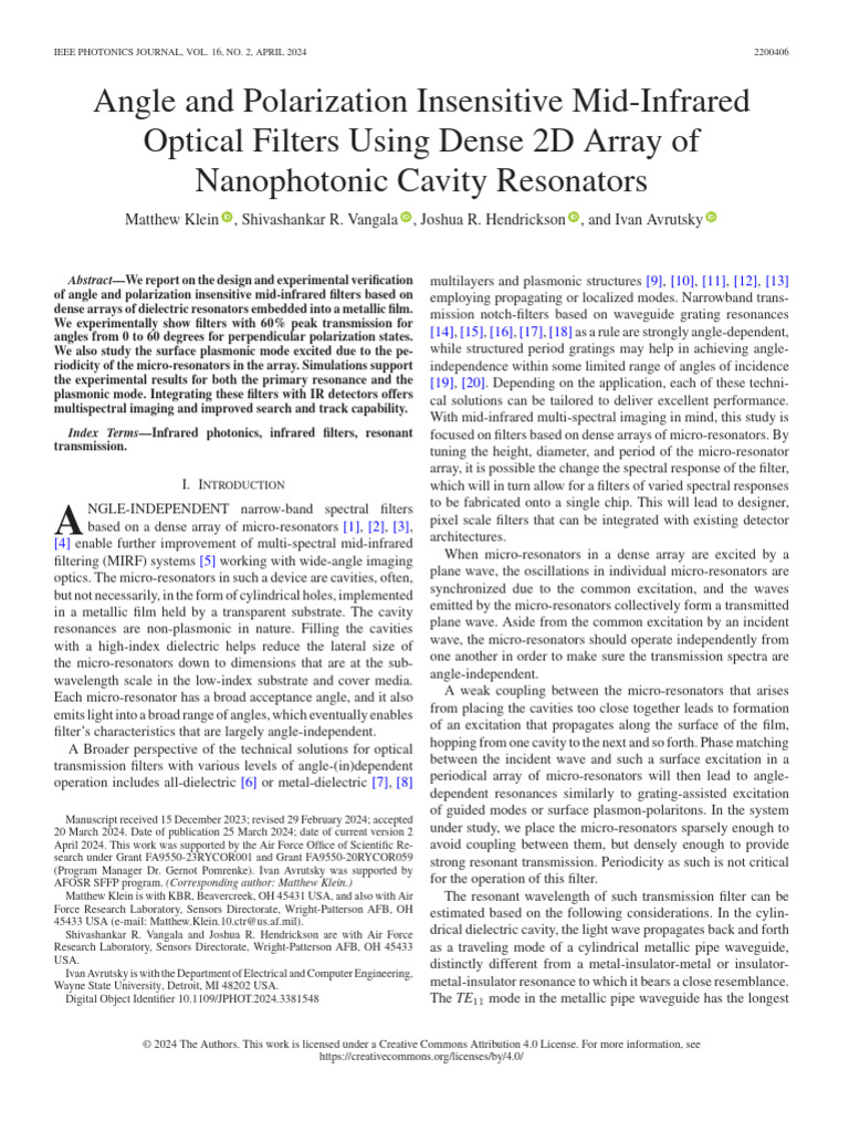 2024 IEEE Photonics Journal Angle and Polarization Insensitive Mid ...
