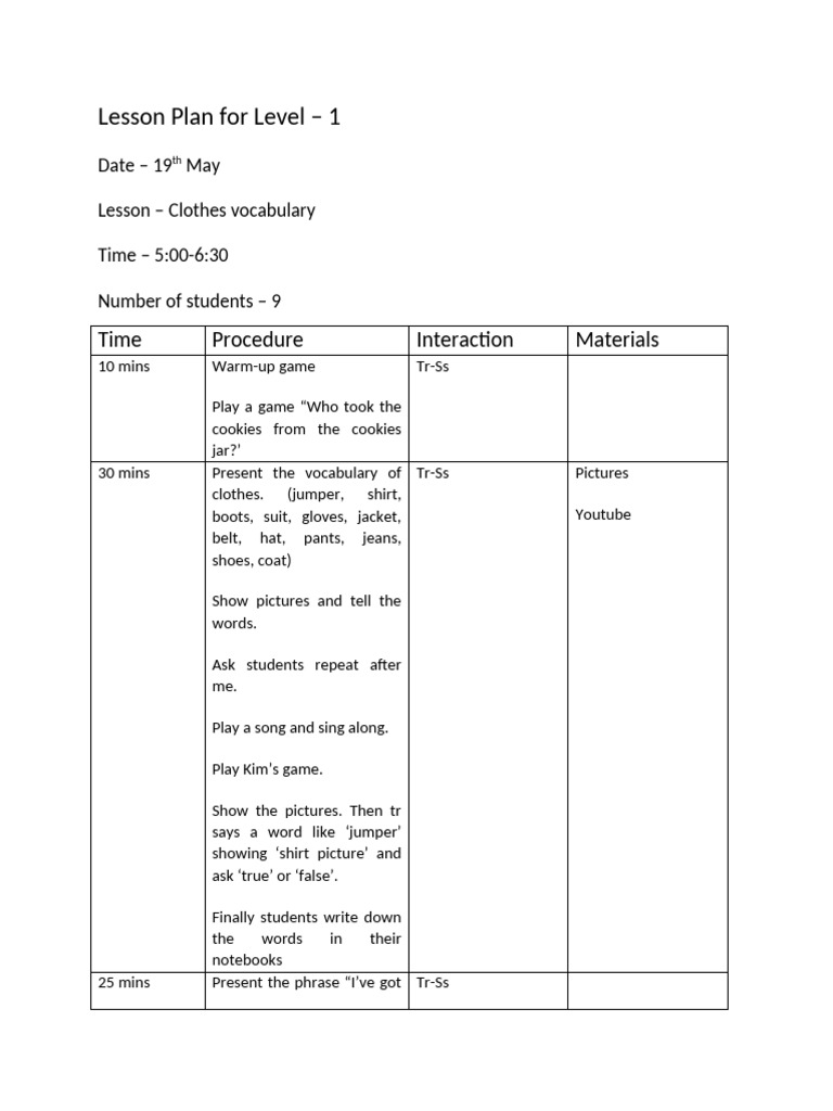 Level 1 Lesson Plan: Clothes Vocabulary | PDF