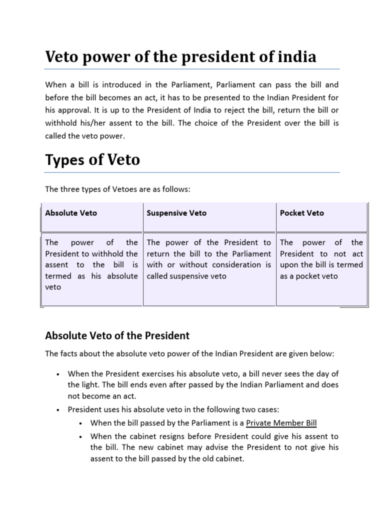 Veto Power of The President of India | PDF | Veto | Bill (Law)
