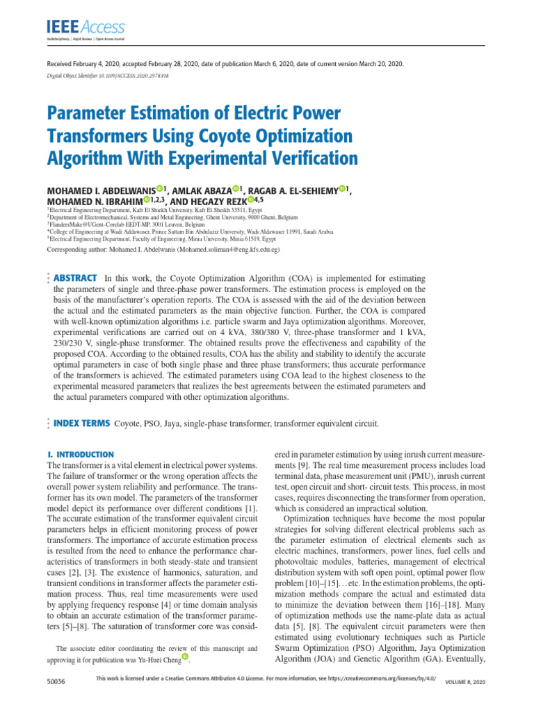 Parameter Estimation of Electric Power Transformers Using Coyote Optimization Algorithm With ...