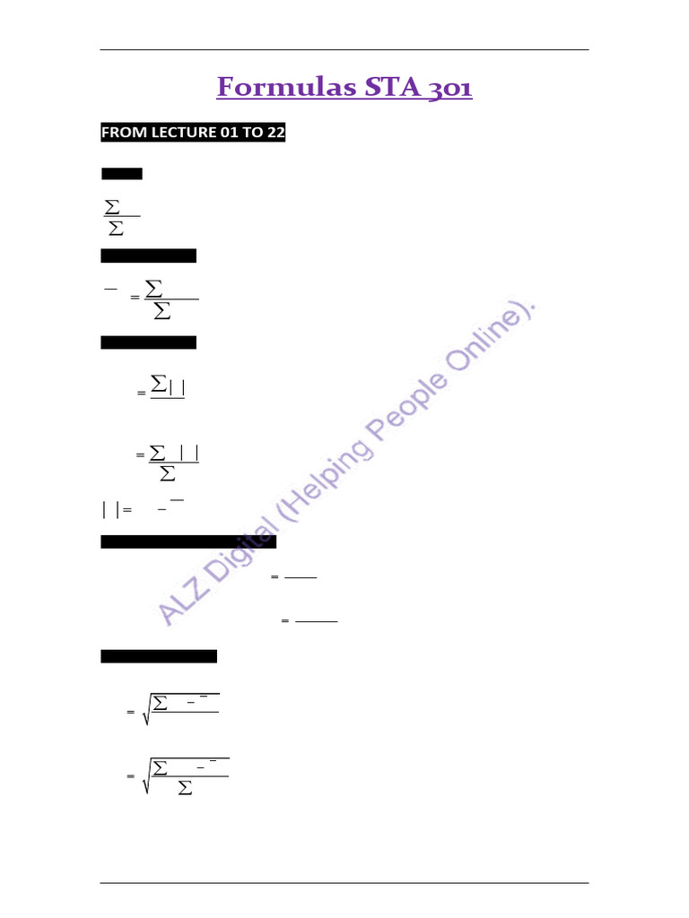 STA301 Imp Formulas & Definitions - FF | PDF | Level Of Measurement | Set (Mathematics)