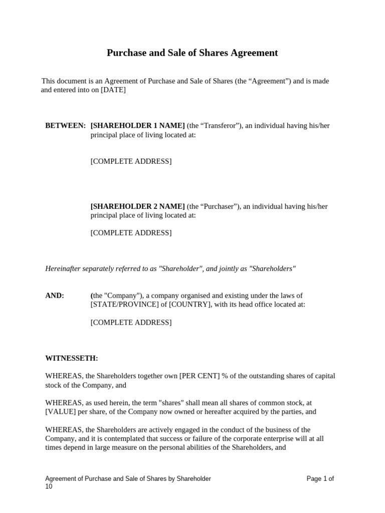 Agreement of Purchase and Sale of Shares - Long Form | PDF | Stocks | Loans