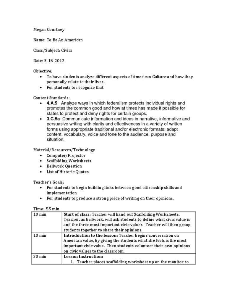 To Be An American Lesson Plan | PDF | Cognition | Communication