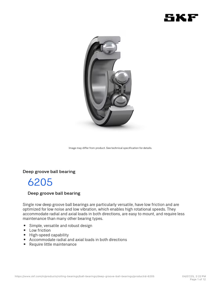 SKF 6205 Deep Groove Ball Bearing Specs | PDF | License | Bearing ...