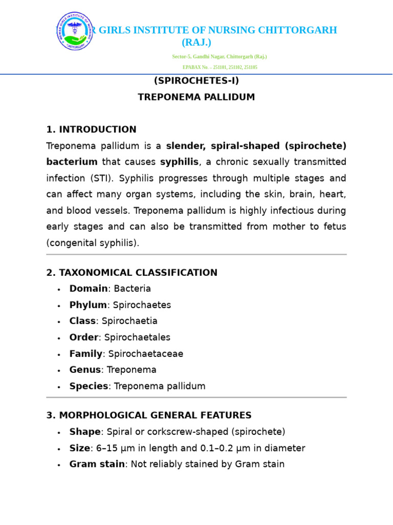 (Spirochetes-I) Treponema Pallidum | PDF | Infection | Health Sciences
