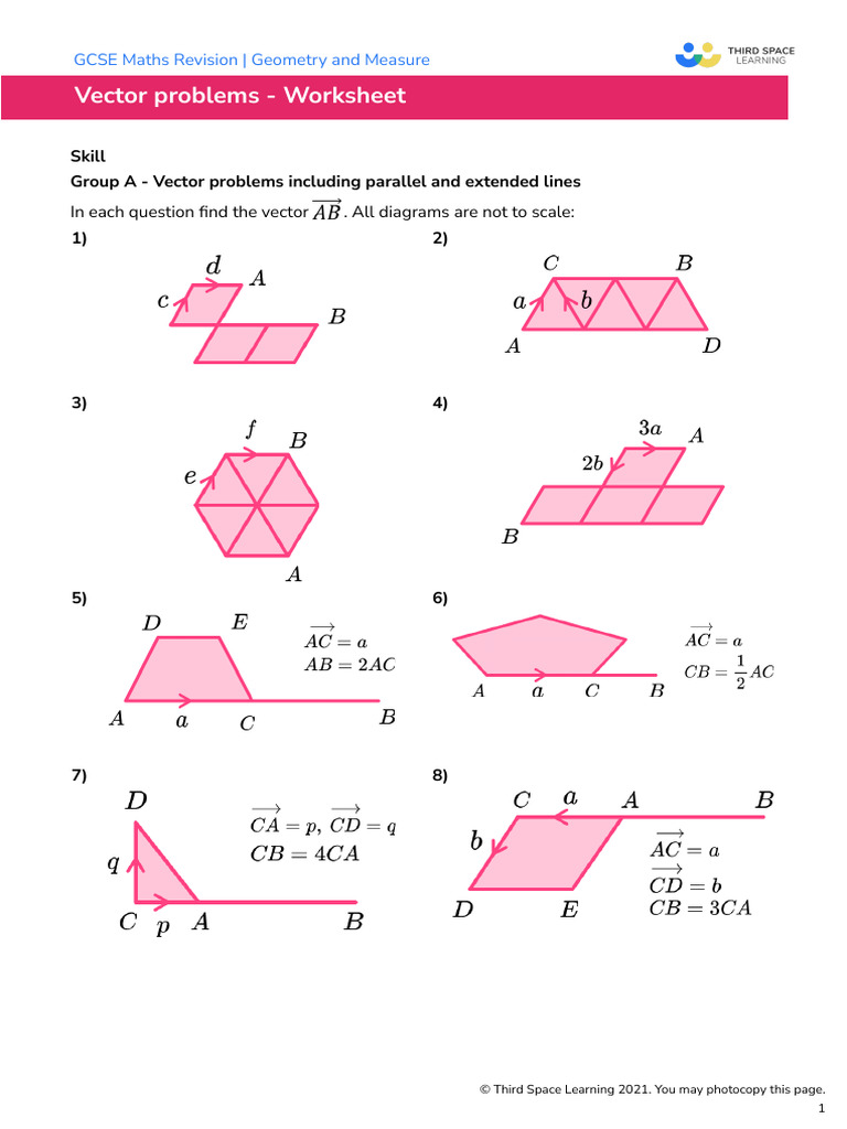 Third Space Learning Vector Problems GCSE Worksheet | PDF | Line (Geometry) | Euclidean Vector