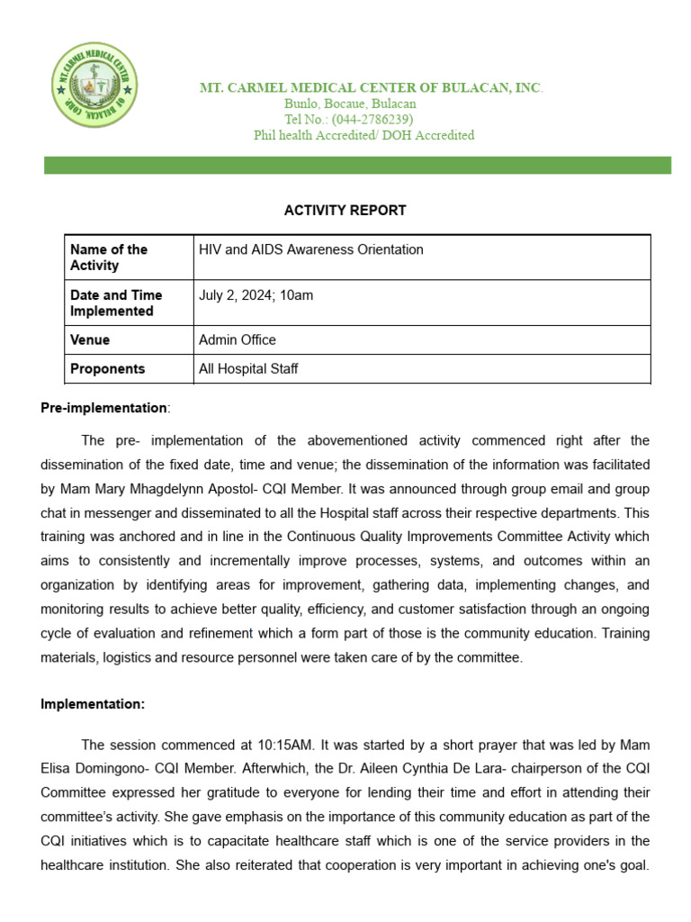 CQI Activity Report - HIV | PDF | Hiv | Hiv/Aids