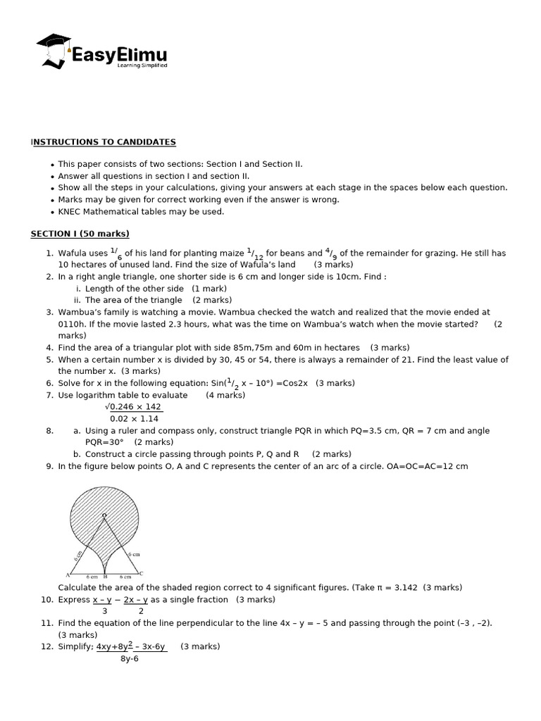 HsMathematics Questions and Answers - Form 2 End Term 2 Exams 2023-7548 | PDF | Circle | Area