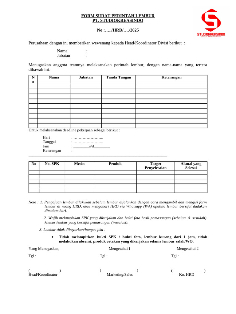 Form Surat Perintah Lembur | PDF