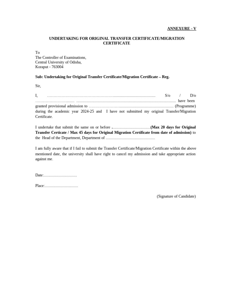 Annexure - V (Undertaking For Original Transfer Certificate - Migration Certificate) | PDF