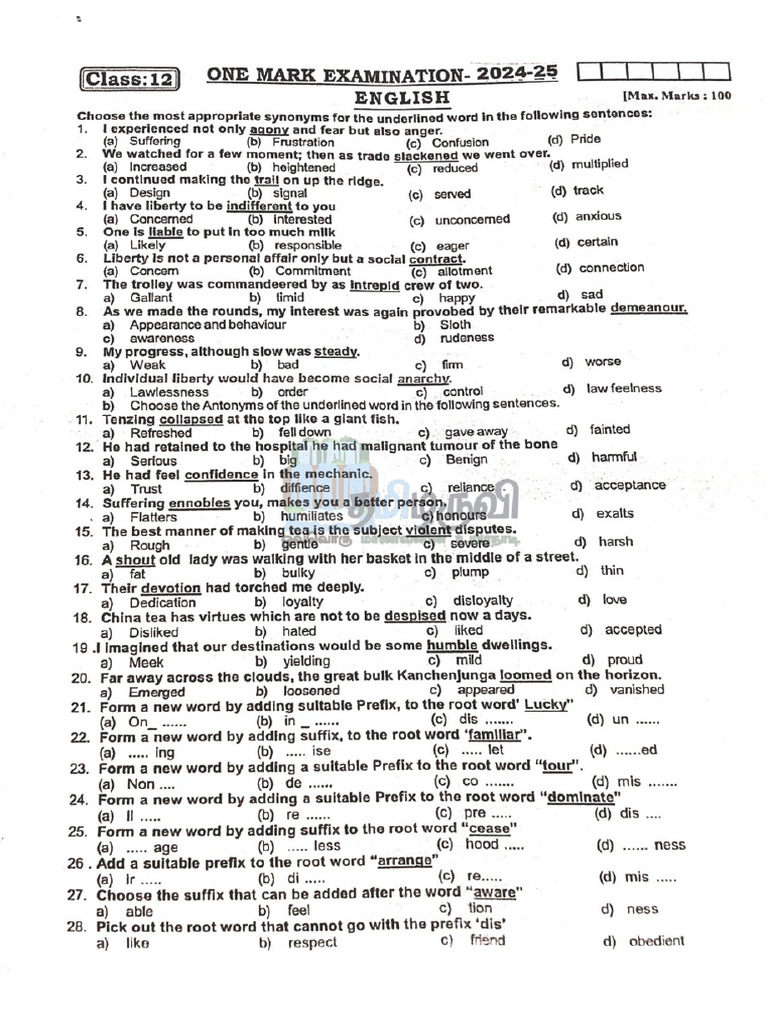 12th English One Mark Exam Question Paper 2025 Chennai District PDF | PDF