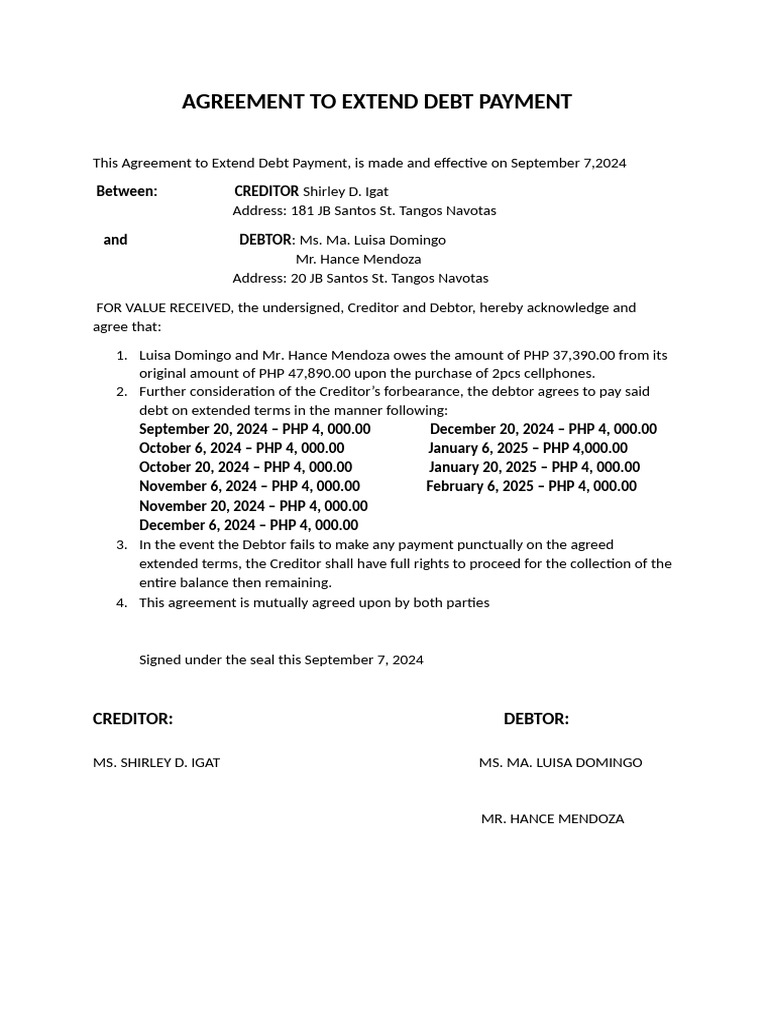 Agreement To Extend Debt Payment - Jeffigat | PDF