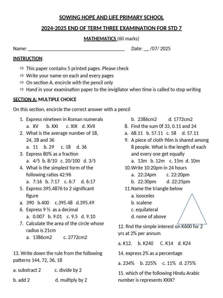 STD 7 Mathematics Exam Paper 2025 | PDF | Area | Mathematics