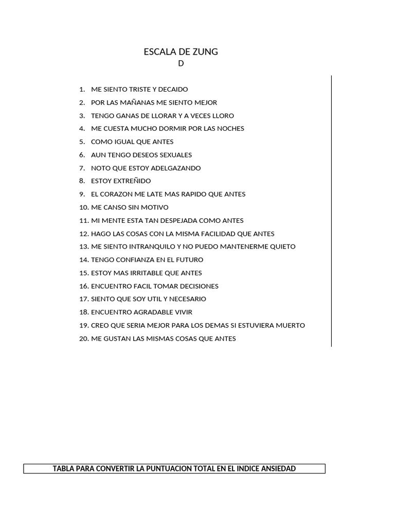 Escala de Zung: Depresión y Ansiedad | PDF